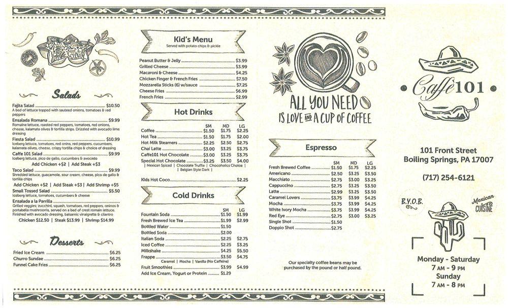 Menu at Caffe 101 cafe, Boiling Springs, 101 Front St
