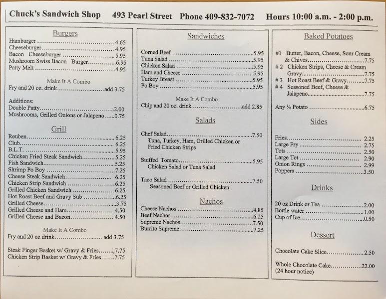 Menu at Chuck's Sandwich Shop restaurant, Beaumont