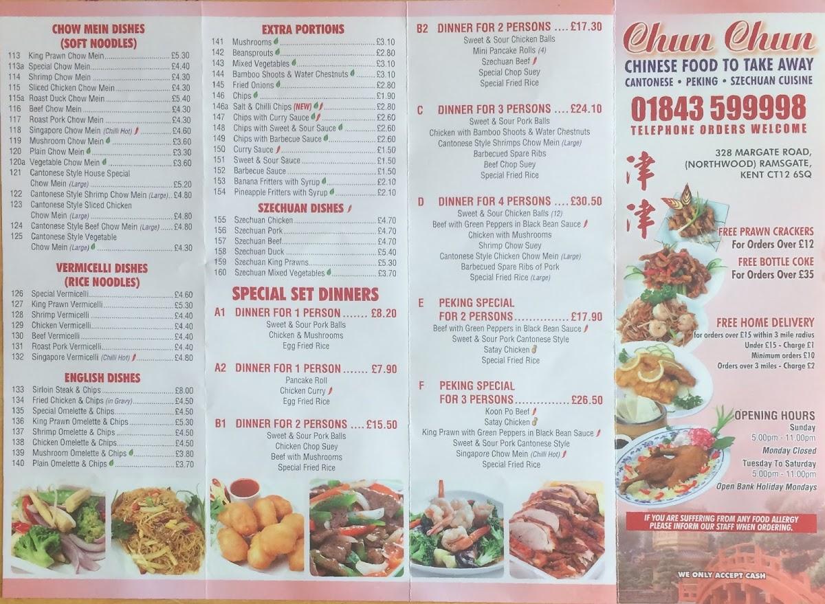 Menu at Chun Chun fast food, Ramsgate