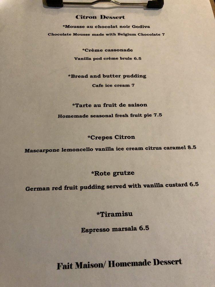 Menu at Citron European Bistro restaurant, Tacoma
