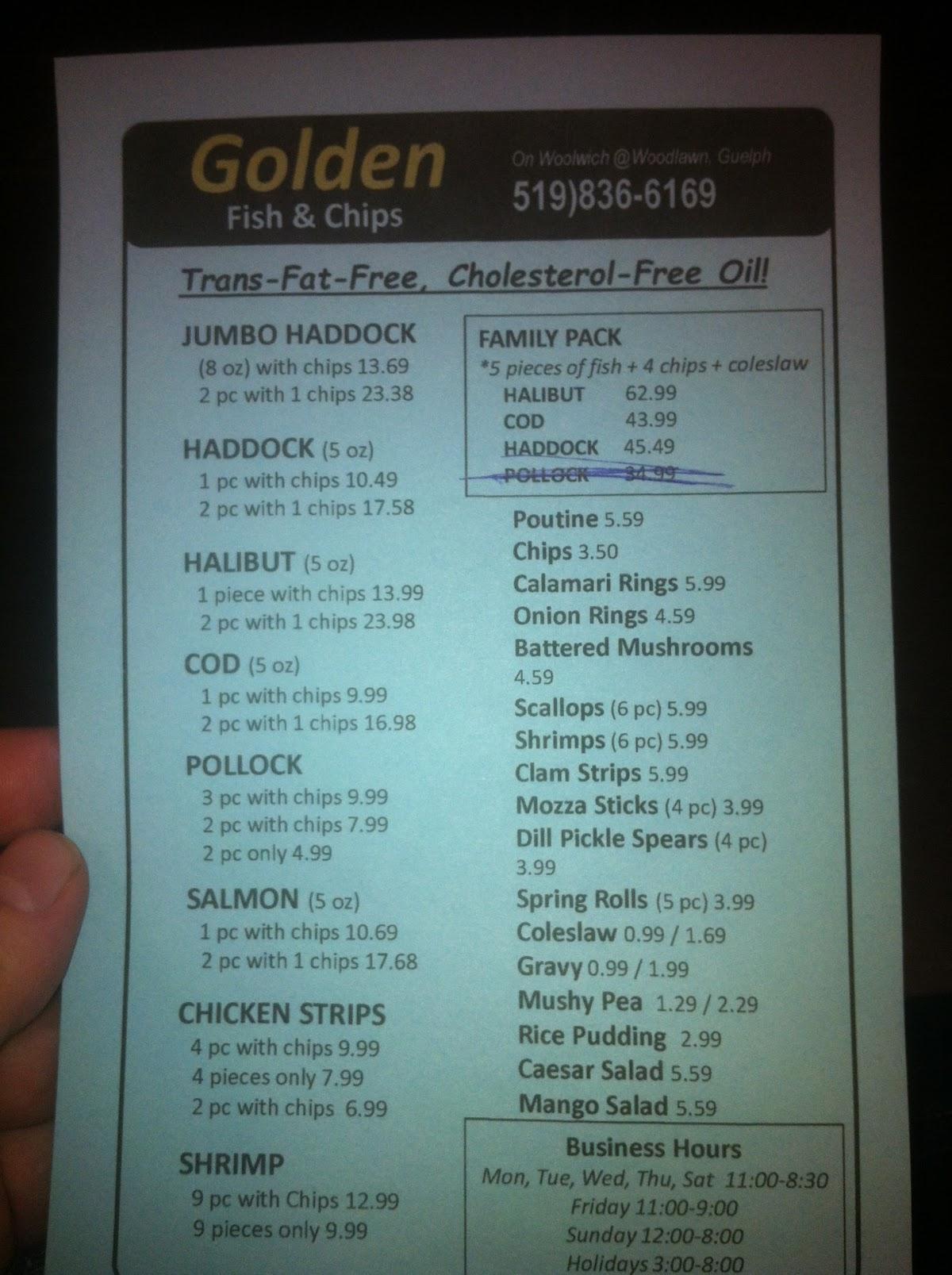Menu at Golden Fish & Chips Woolwich restaurant, Guelph, 787 Woolwich St