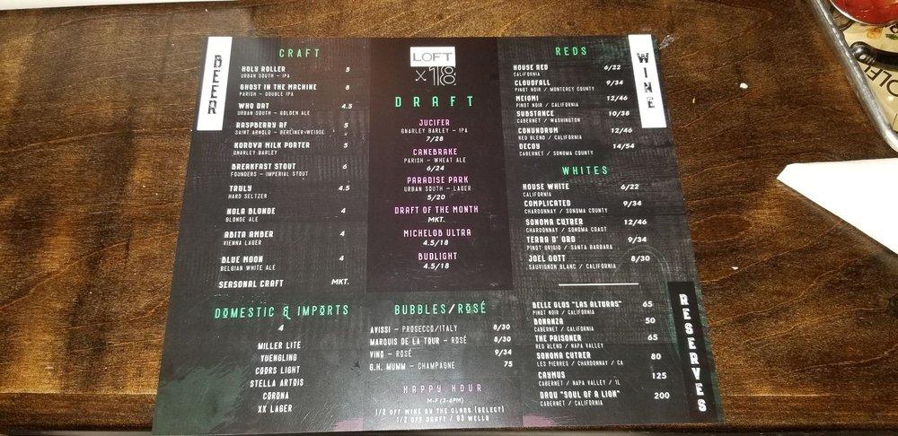 Menu at LOFT18 Metairie pub & bar, Metairie