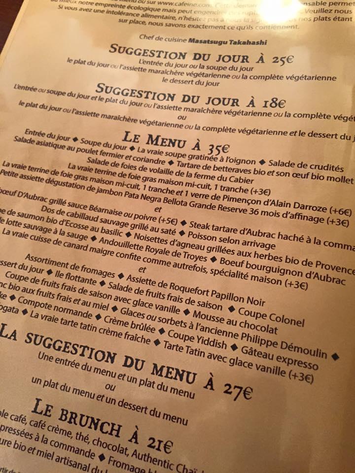 Menu at Les Philosophes restaurant, Paris, 28 Rue Vieille du Temple