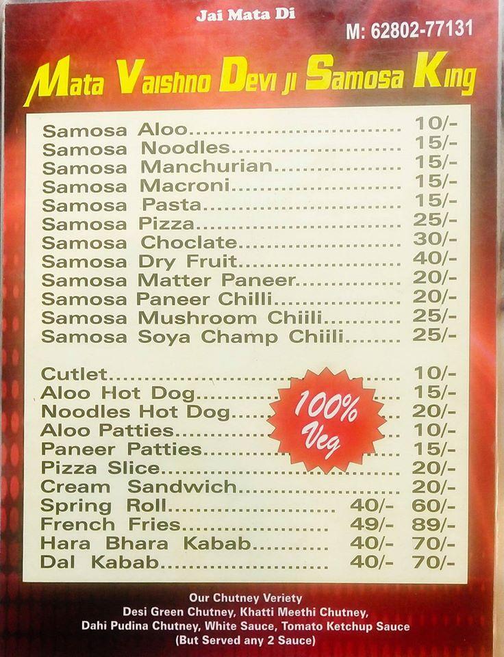 Menu at Mata vaishno devi ji Samosa king, Ludhiana, VVVC+476