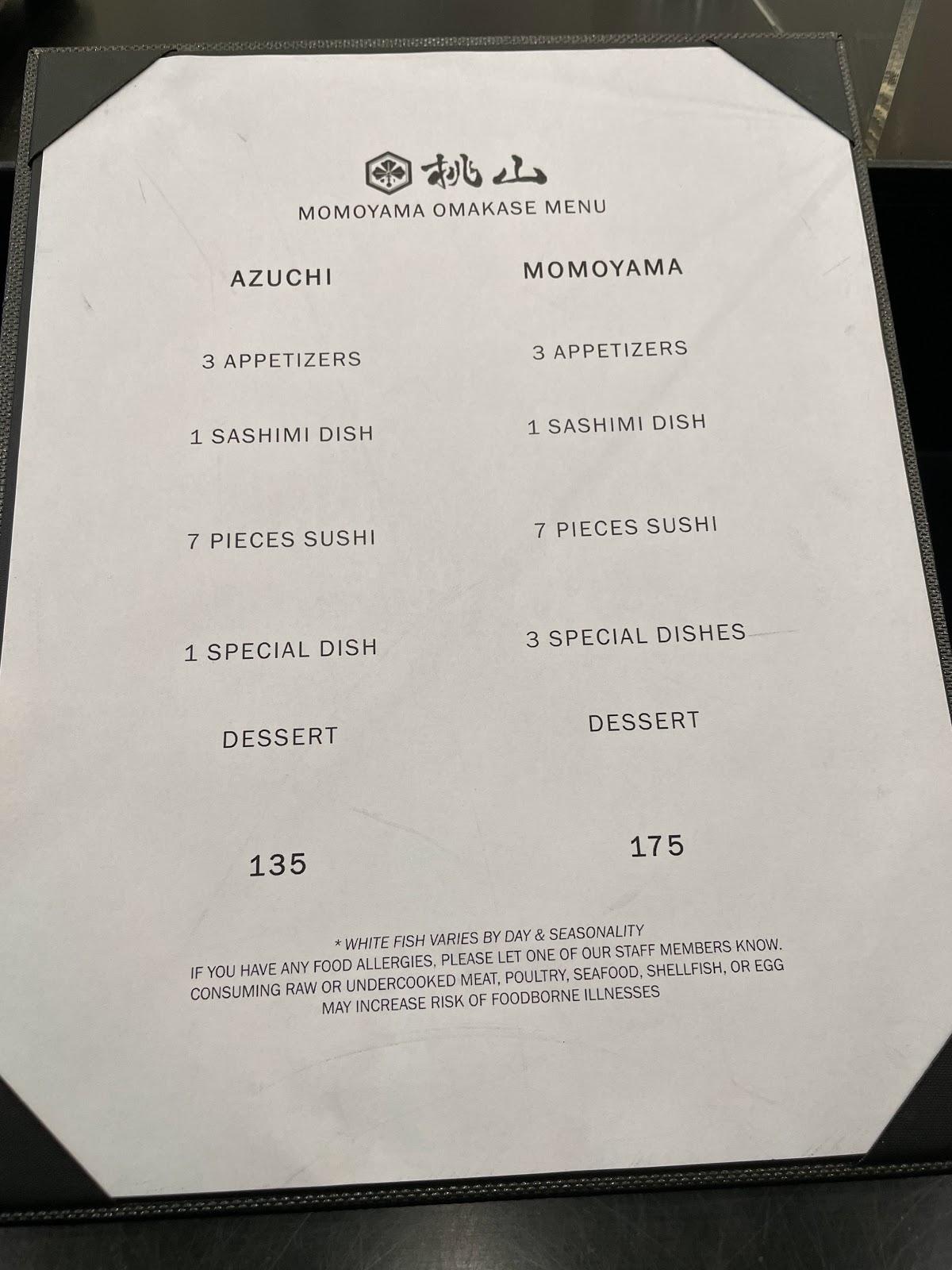 Menu at Momoyama 桃山 restaurant, Fountain Valley