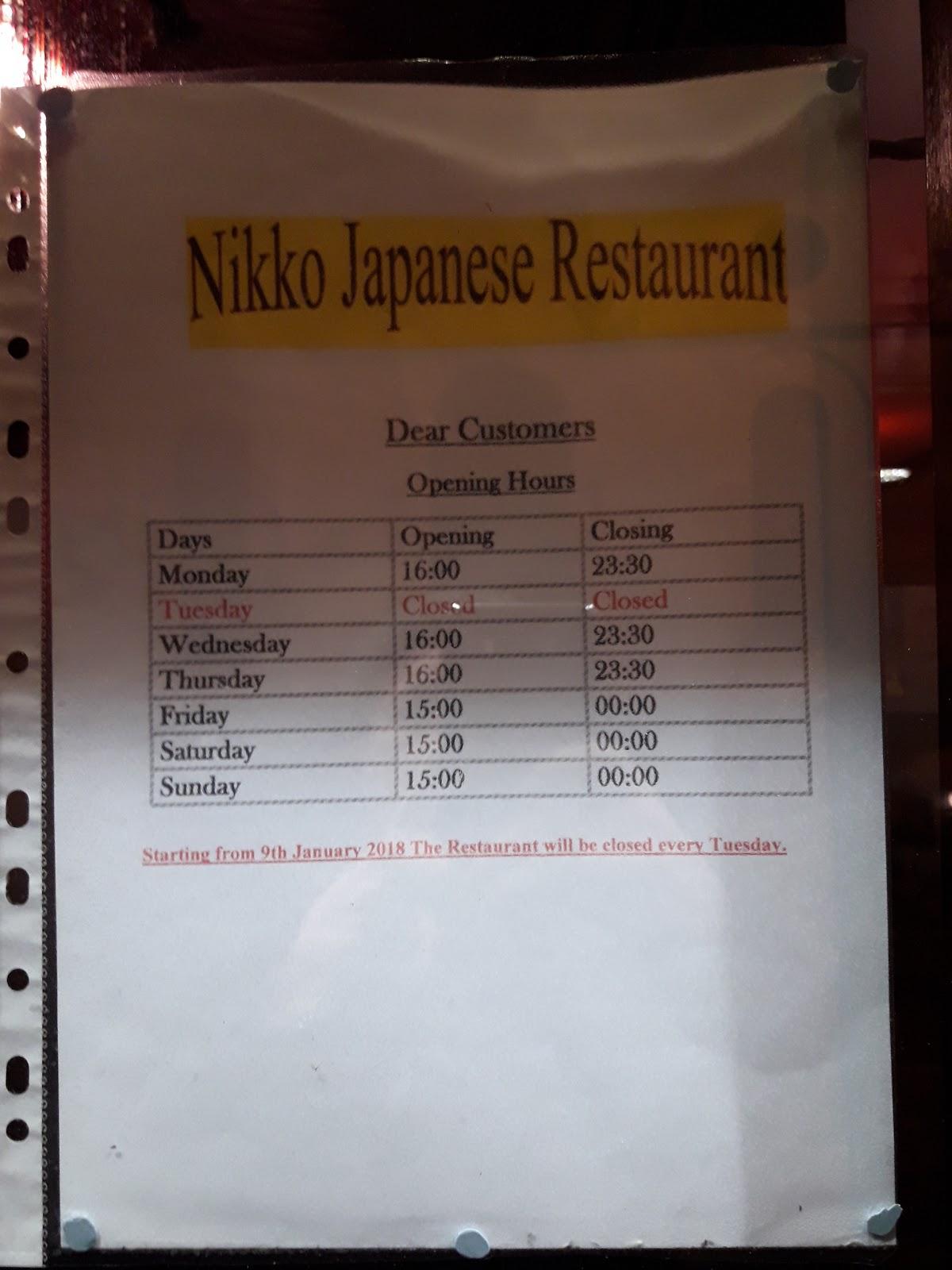 Menu at Nikko restaurant, Drogheda
