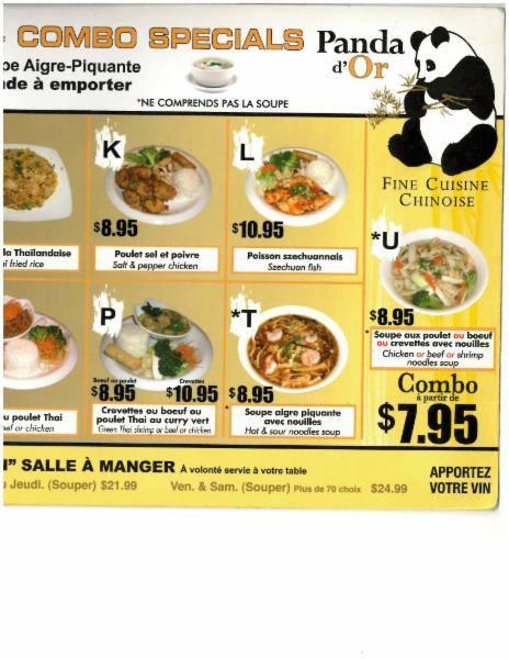 Menu at Panda Peng restaurant, Laval, 840 Boul. le Corbusier