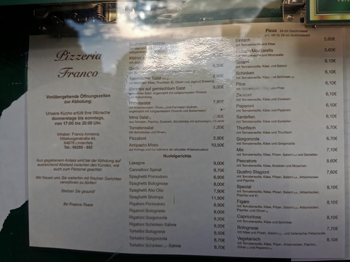 Speisekarte von Pizzeria Franco, Lindenfels