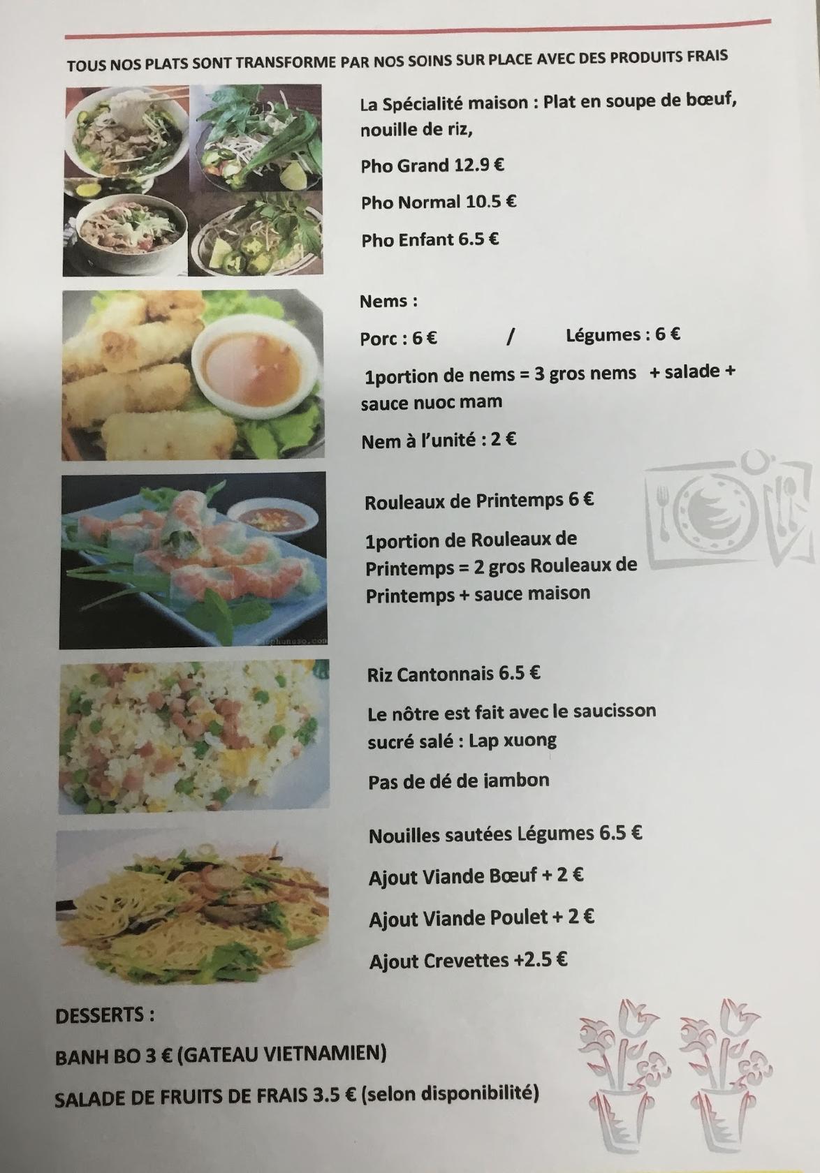 Menu au Phô Ly restaurant, Saint-Avold