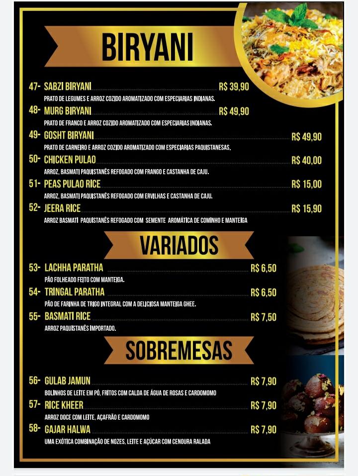 Menu at Taste of Pakistan restaurant, Brasília