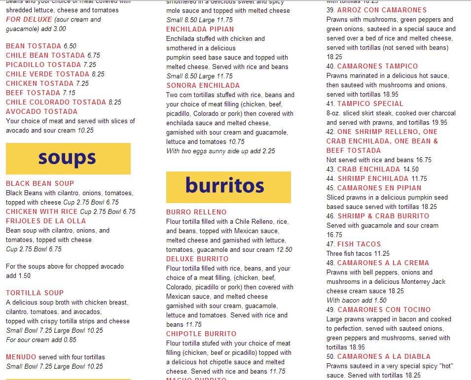 Menu at Tampico Mexican Restaurant, Everett