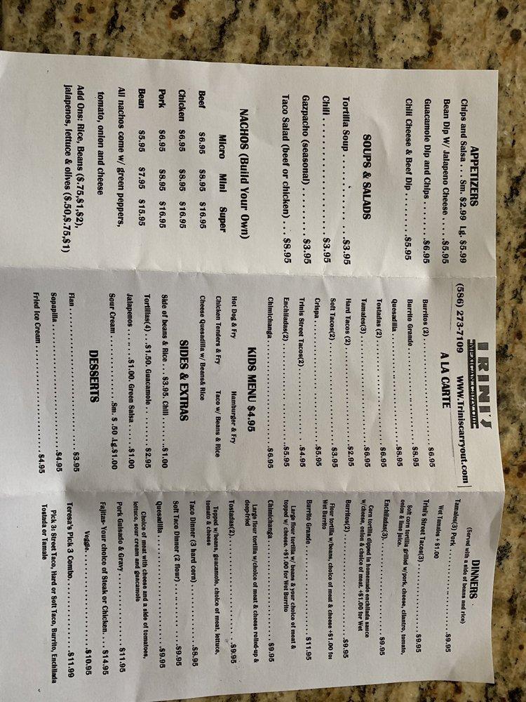 Menu at Trini's Mexican Carryout restaurant, New Baltimore