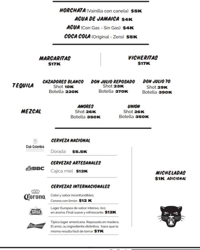 Carta del restaurante El Pantera Taqueria, Bogotá