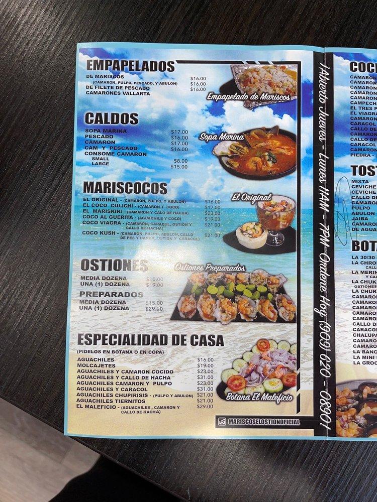 Menu at Mariscos El Ostion restaurant, Pomona