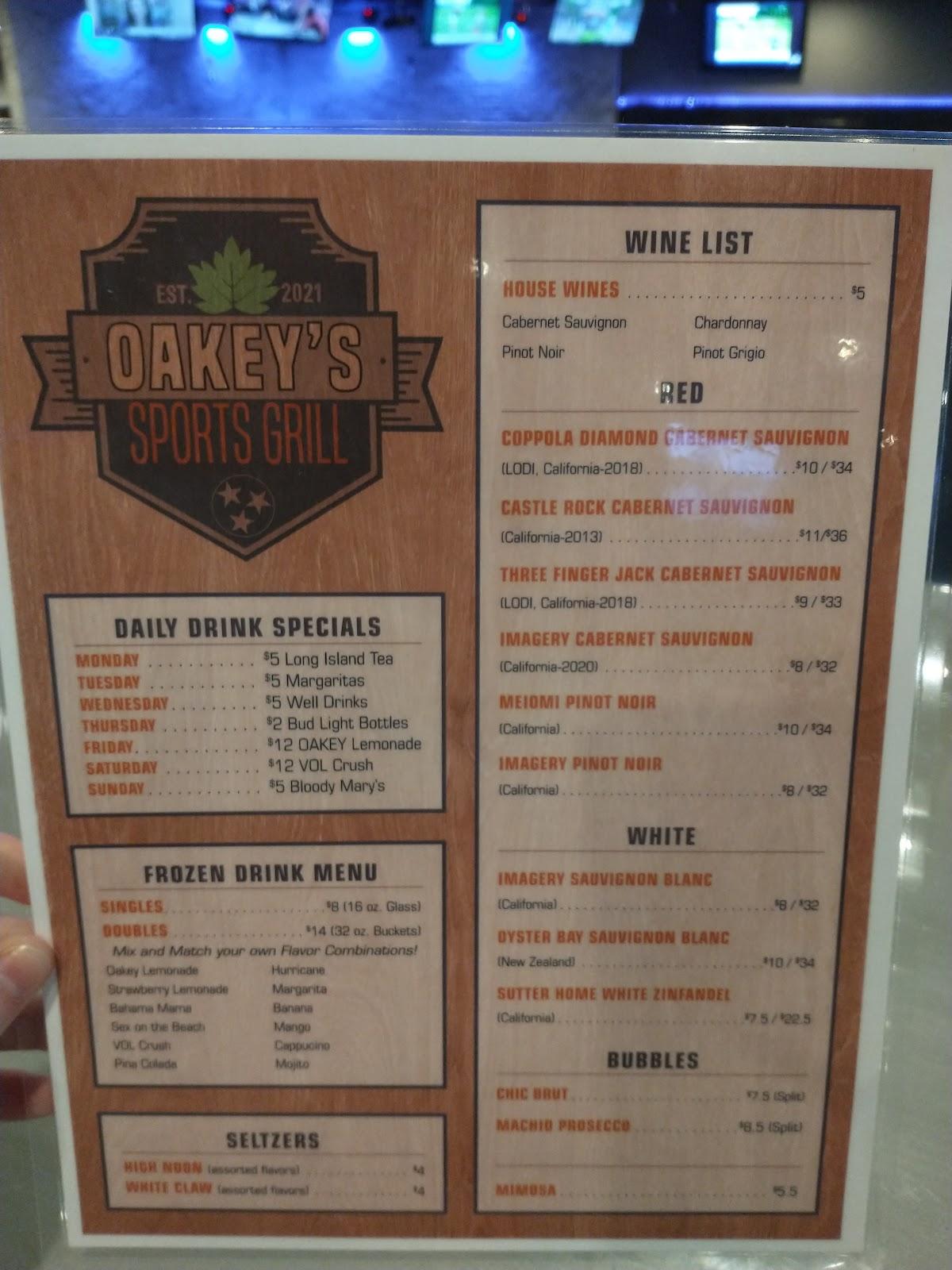 Menu at Oakey's Sports Grill pub & bar, Oak Ridge