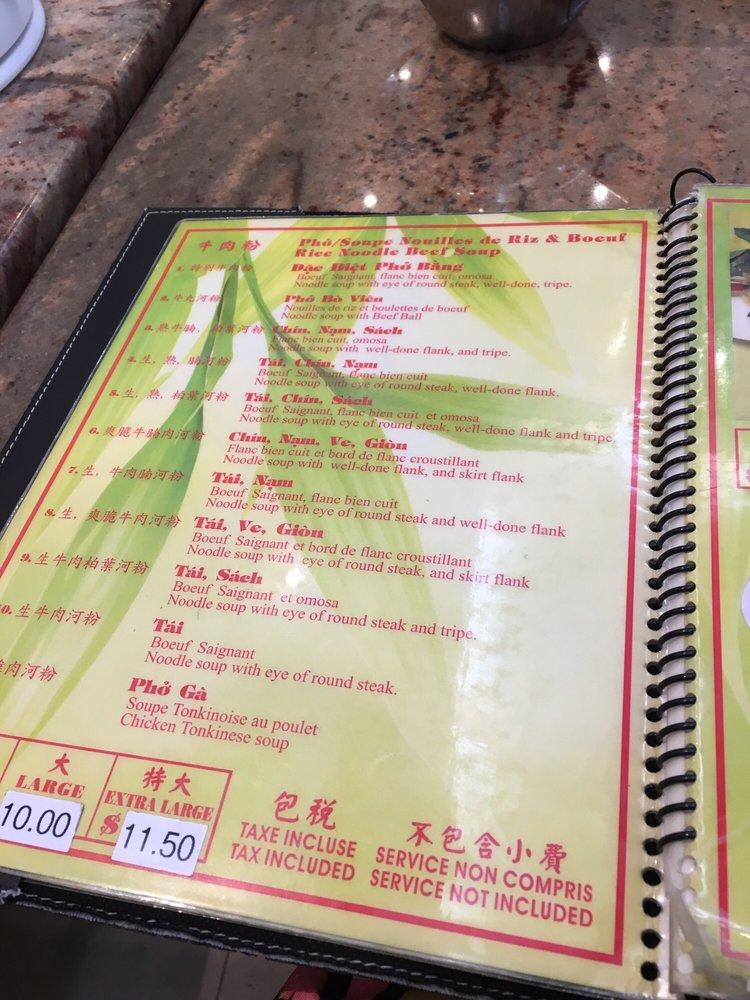 Menu at Pho Bang New York restaurant, Montréal