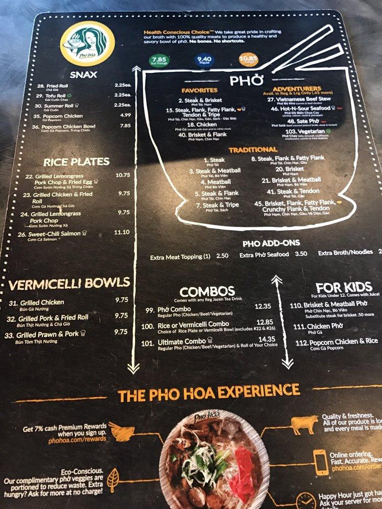 Menu at Pho Hoa Noodle Soup restaurant, Cupertino, S Tacoma Way