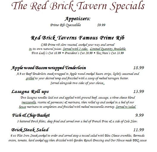 Menu at Red Brick Tavern pub & bar, London, Cumberland St
