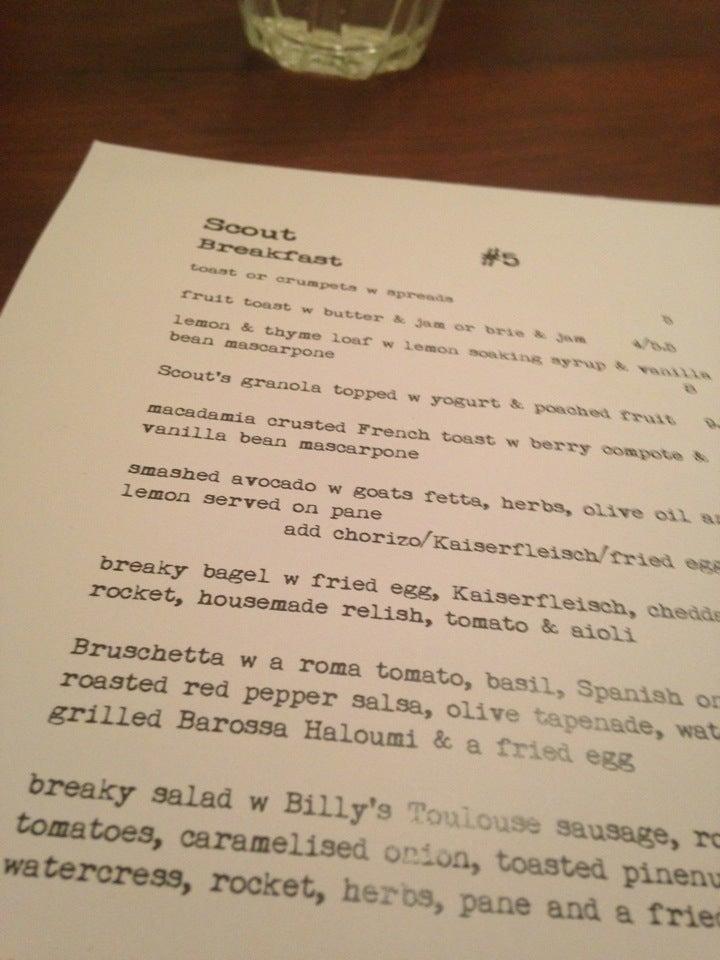 Menu at Scout Cafe, Brisbane City