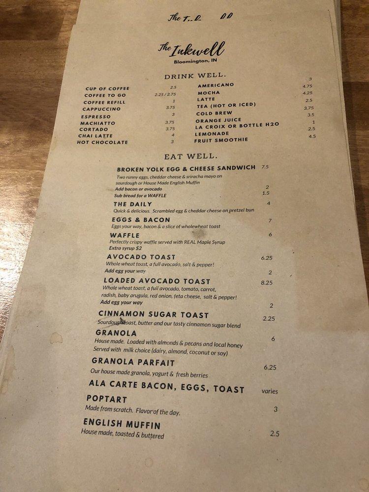 Menu at The Inkwell Bakery & Cafe, Bloomington, 105 N College Ave