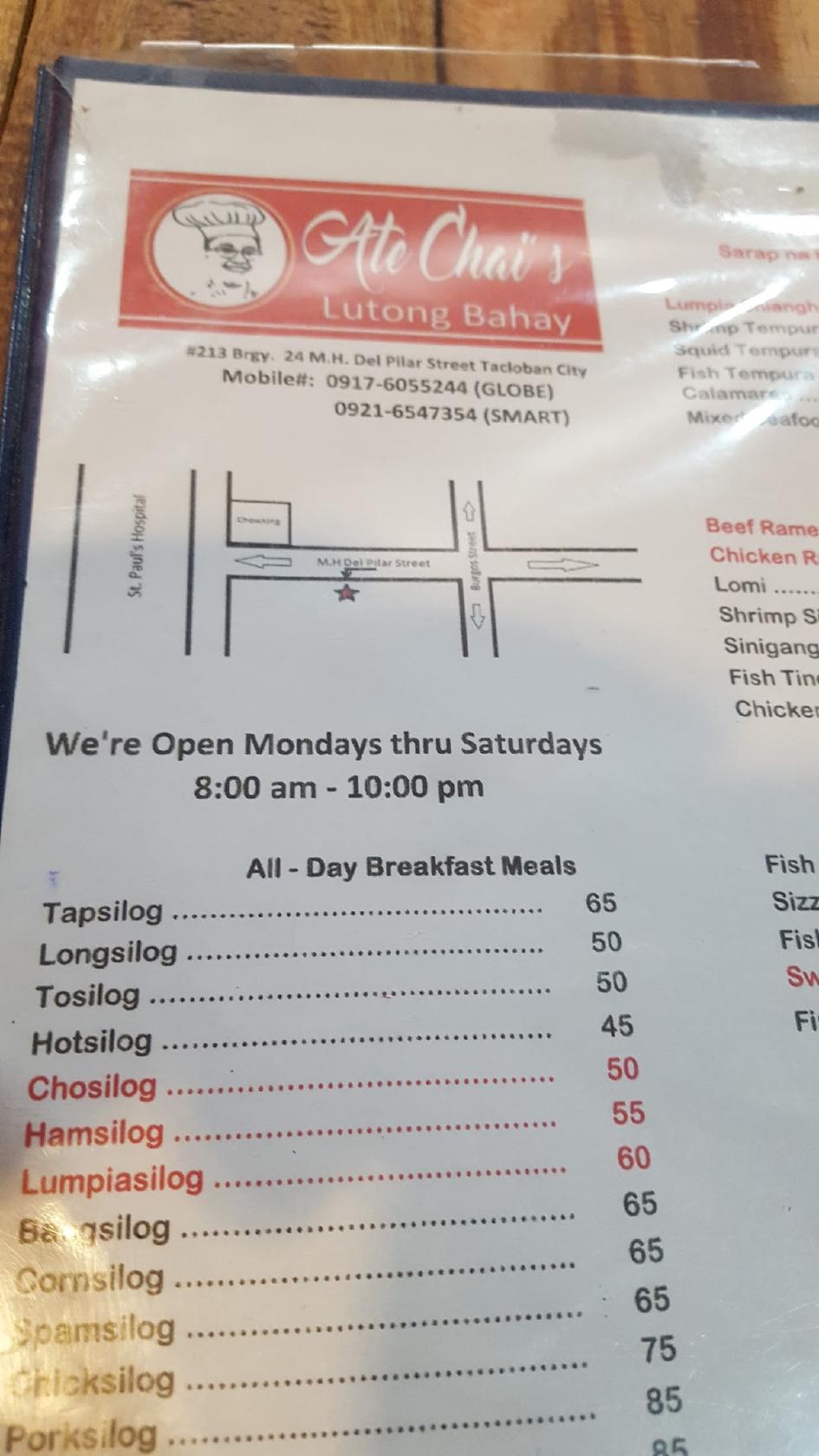 Menu at Ate Chai's Lutong Bahay restaurant, Tacloban City