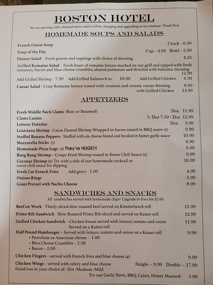 Menu at Boston Hotel pub & bar, Boston, Boston State Rd
