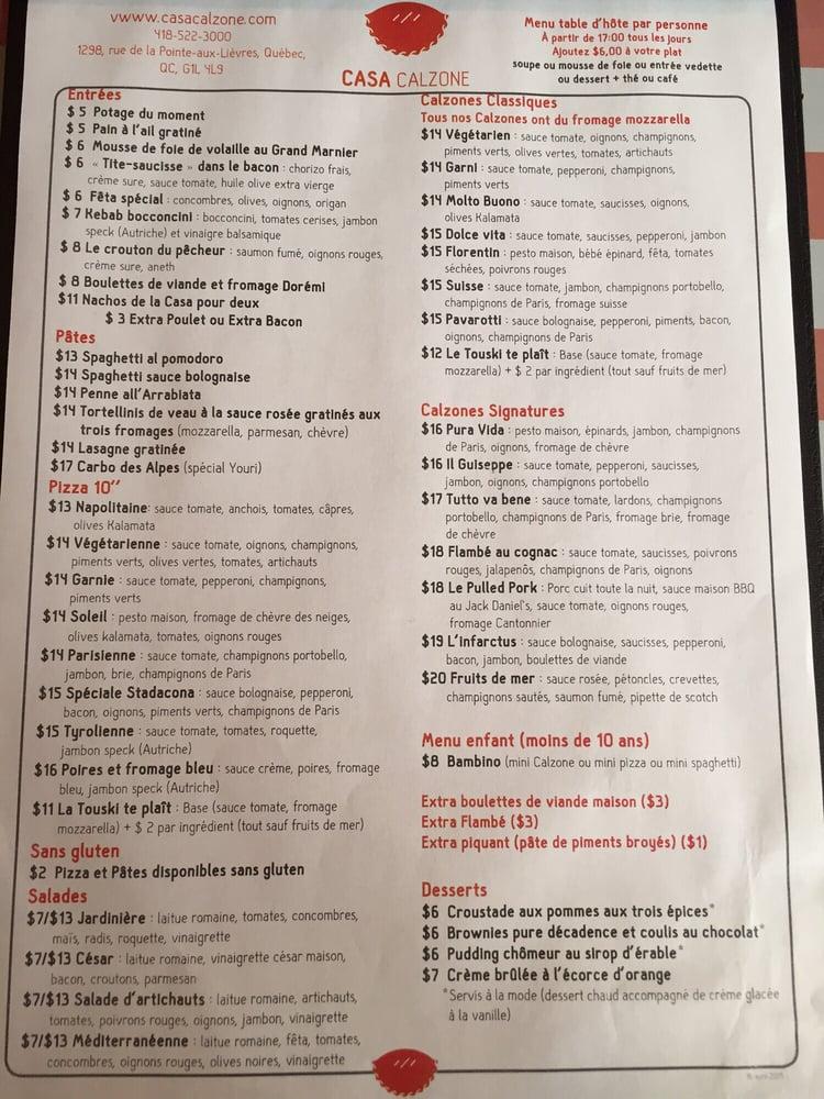 Menu au Restaurant Casa Calzone, Québec, Rue de la Pointe-aux-Lièvres