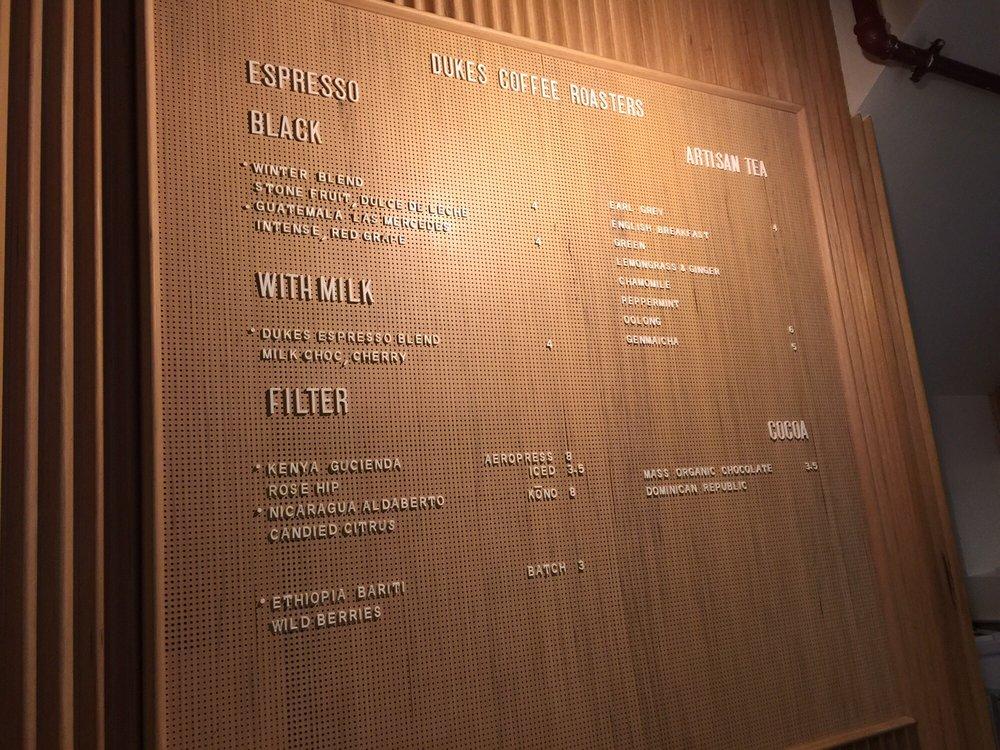 Menu at Dukes Coffee Roasters cafe, Melbourne, 247 Flinders Ln