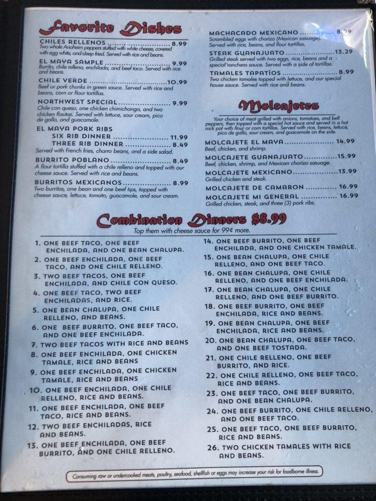 Menu at El Maya Mexican Cuisine restaurant, Alva, 832 Alva Street