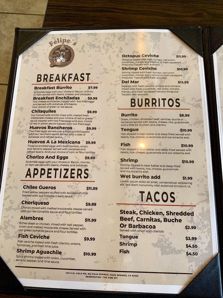 Menu at Felipe's Palm Springs restaurant, Palm Springs
