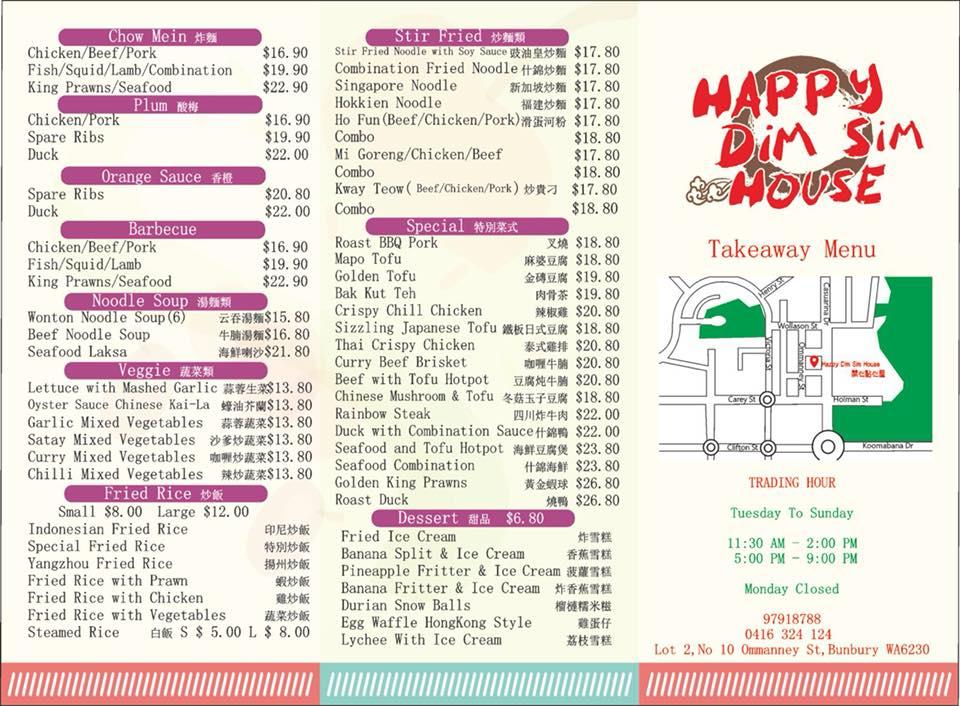 Carta del restaurante Happy Dim Sim House, Bunbury