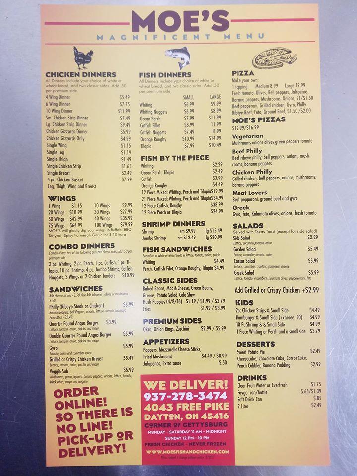 Menu at Moe's Fish & Chicken restaurant, Dayton