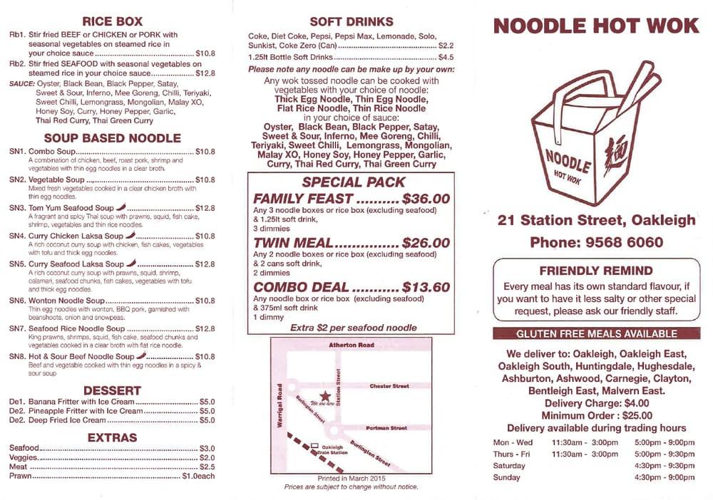 Menu at Noodle Hot Wok fast food, Oakleigh