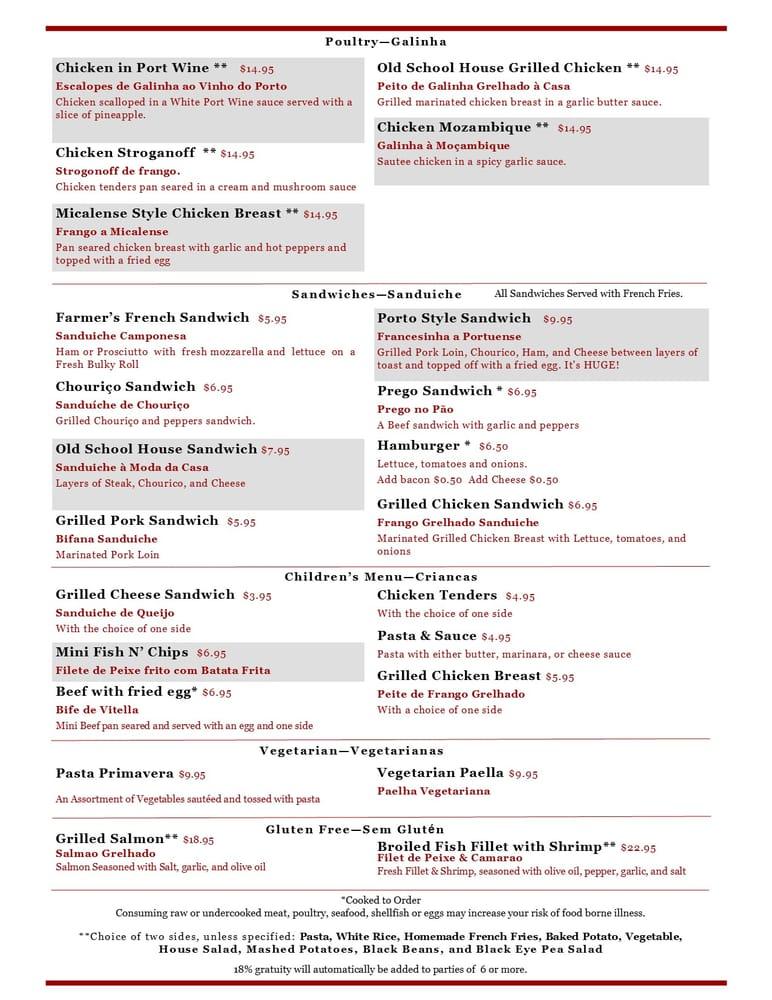 Menu at Old School House pub & bar, Hudson