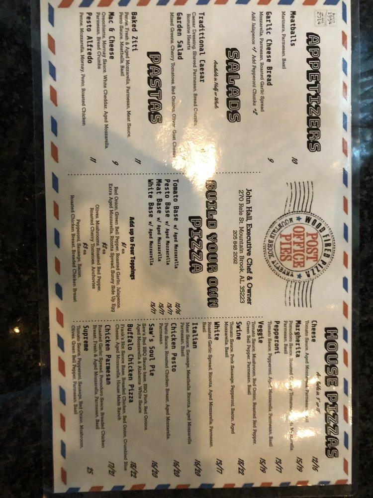 Menu at Post Office Pies Mountain Brook pub & bar, Mountain Brook