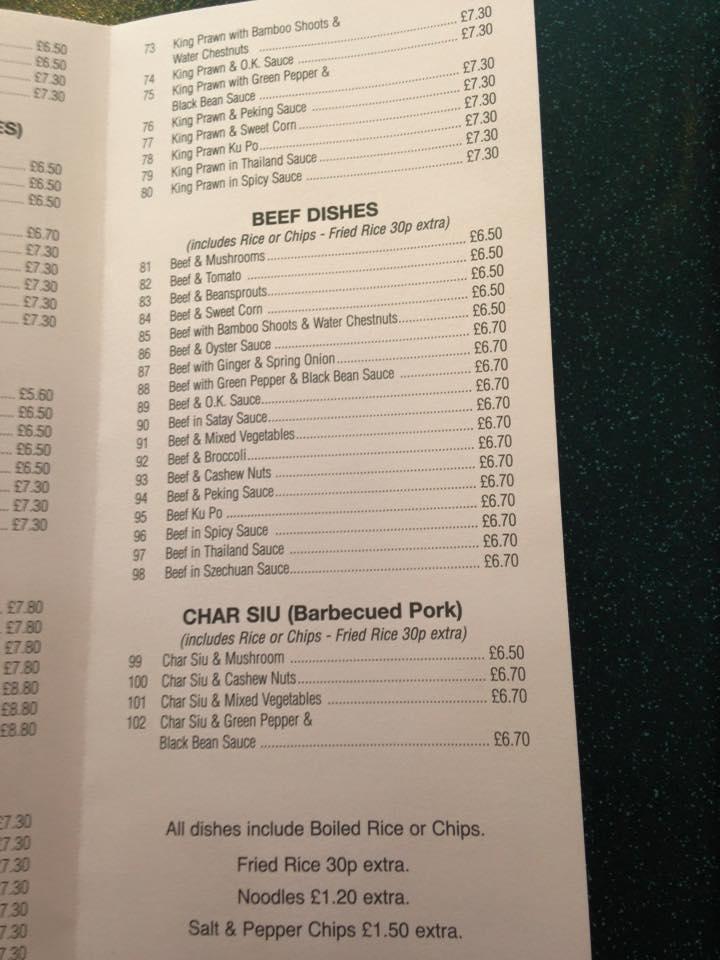 Menu at Rainbow Chinese restaurant, Ulverston