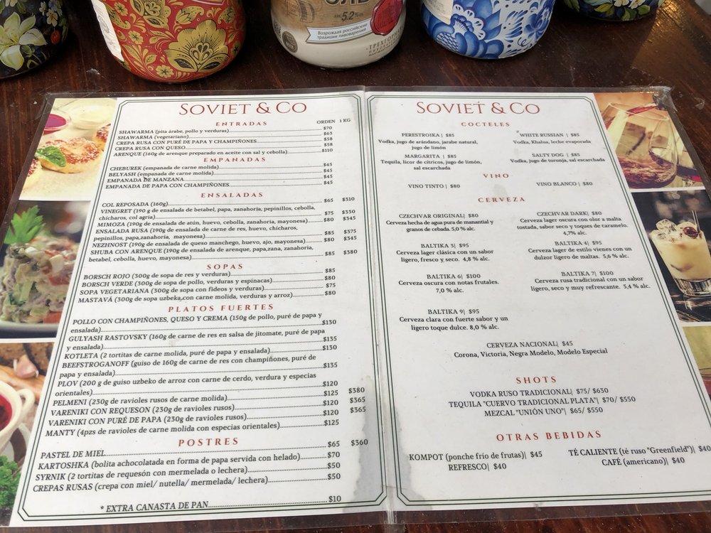 Menu at Soviet&Co restaurant, Mexico City, Calle Celaya 4