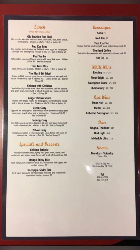Menu at Tana Thai Bistro restaurant, Oklahoma City