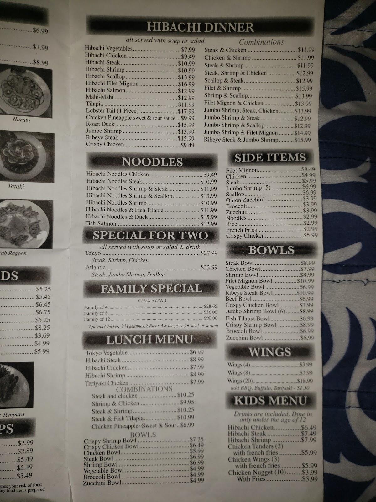 Menu at Tokyo's Express restaurant, Whiteville