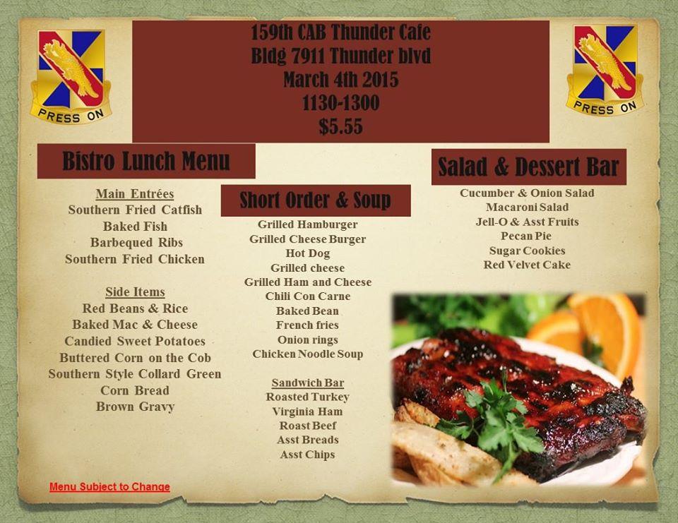 Menu at 159th CAB DFAC Thunder Cafe, Fort Campbell