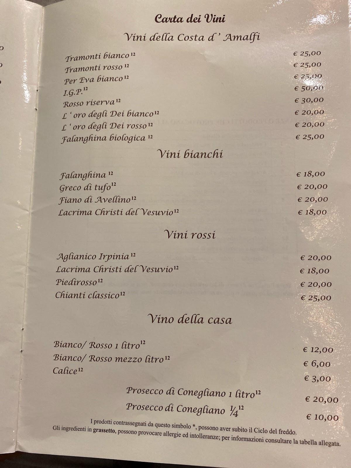 Menu da Da Memè pizzeria, Amalfi