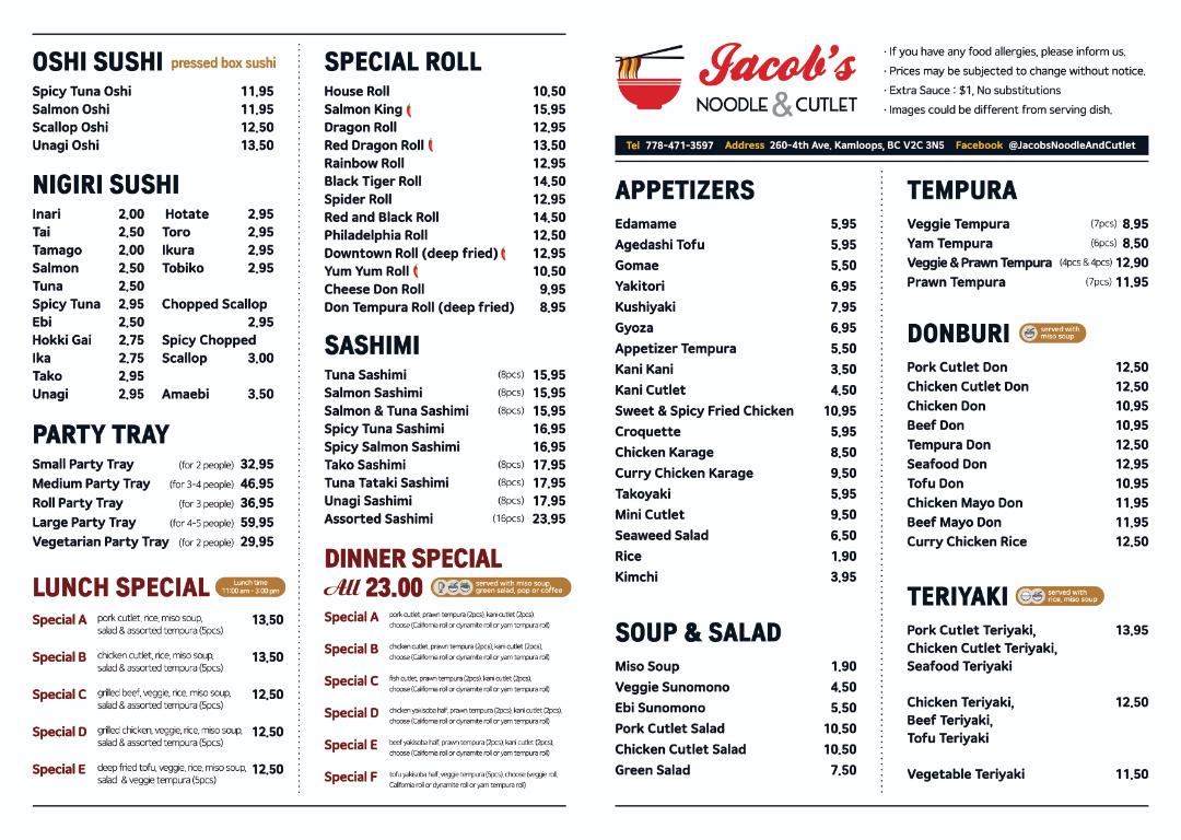 Carta del restaurante Jacob's Noodle & Cutlet, Kamloops