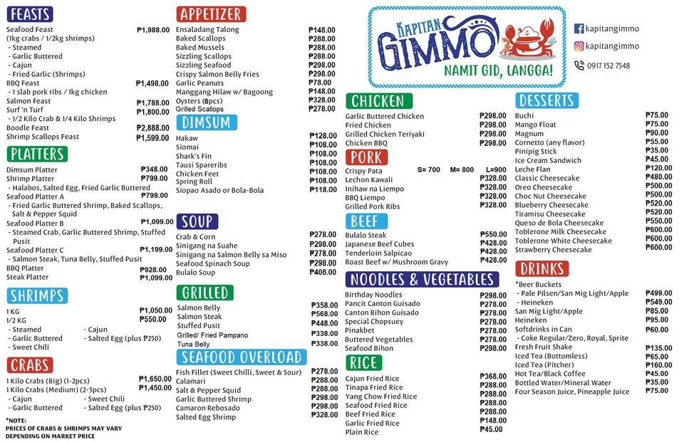 Menu at Kapitan Gimmo restaurant, Quezon City
