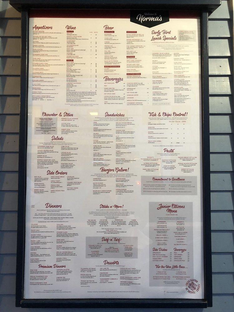 Menu at Norma's Seafood & Steak steakhouse, Seaside, 20 N Columbia St