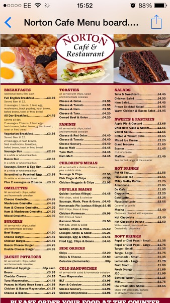 Menu at Norton Cafe Restaurant, Stockton-on-Tees