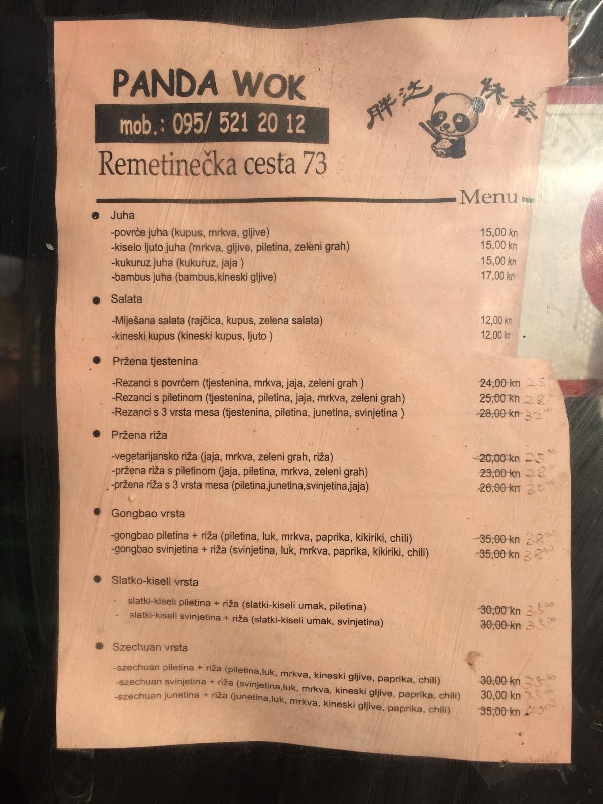 Menu at Panda Wok restaurant, Zagreb