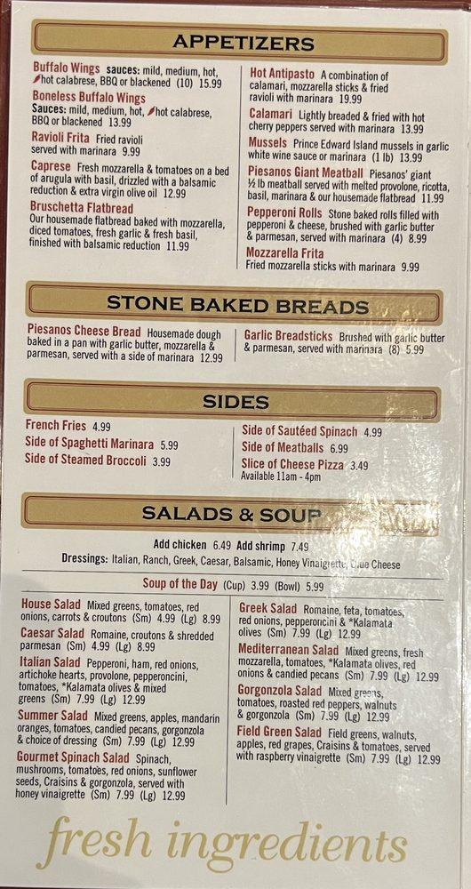 Menu at Piesanos Stone Fired Pizza pizzeria, The Villages