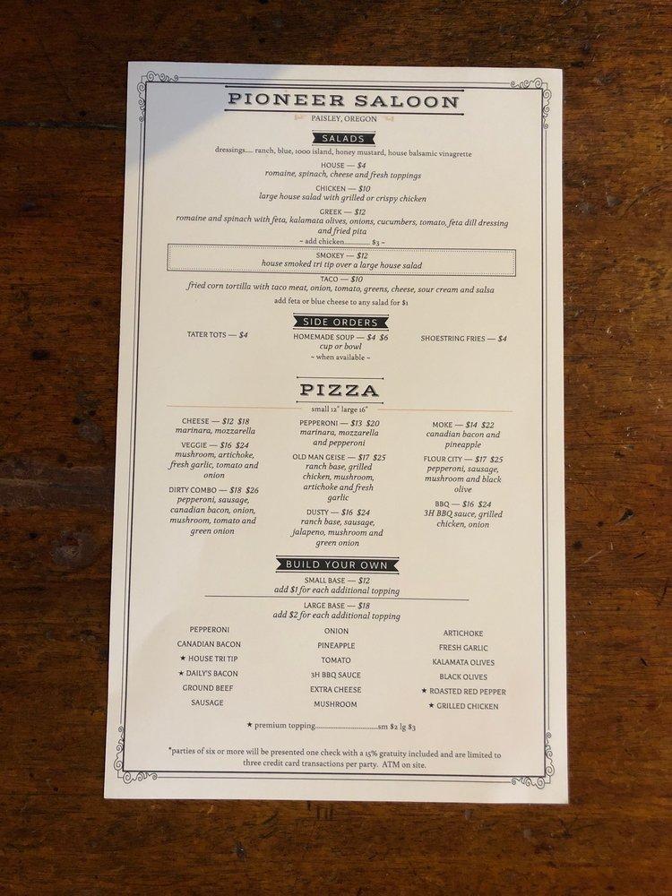 Menu at Pioneer Saloon and Restaurant, Paisley