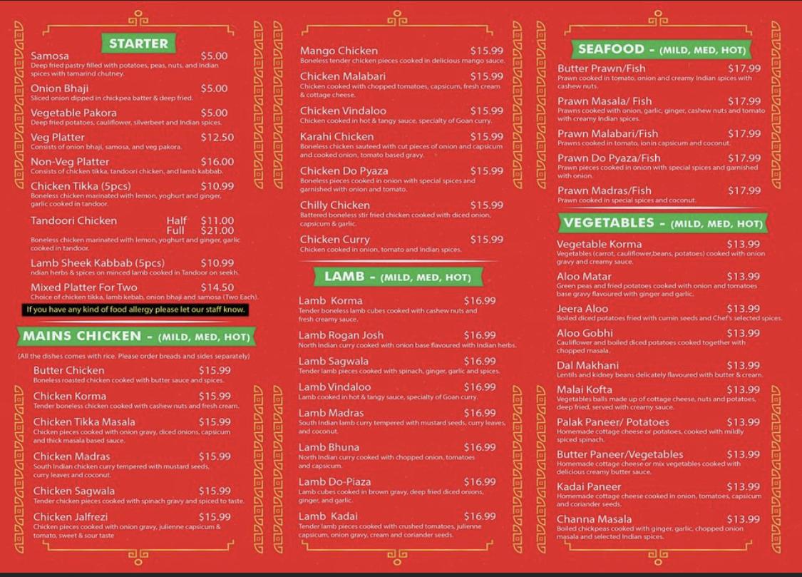 Menu at Red Chillies Indian Cuisine restaurant, Temuka