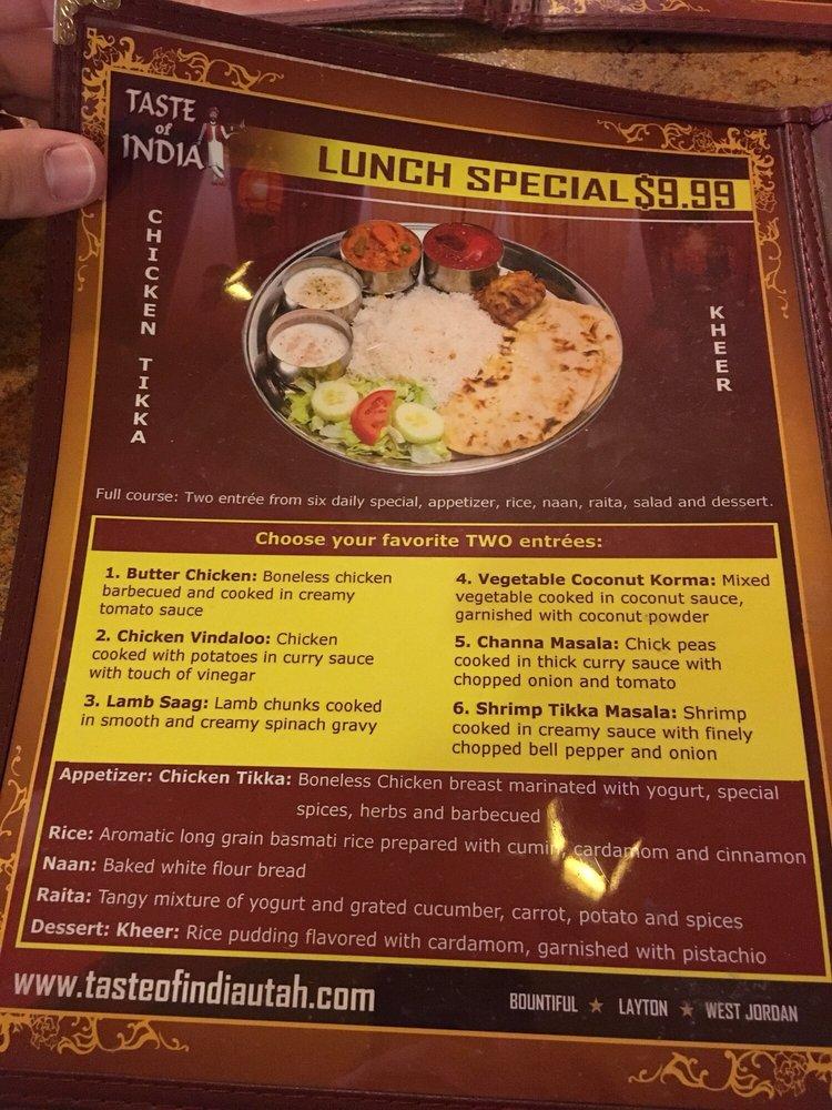 Menu at Taste of India restaurant, Layton